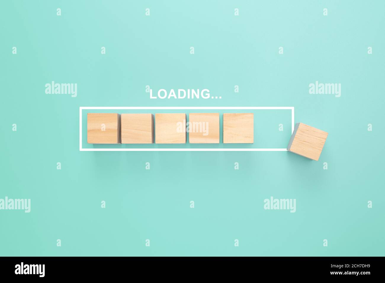 Showing loading bar with wood cube on blue background. Progress bar ...