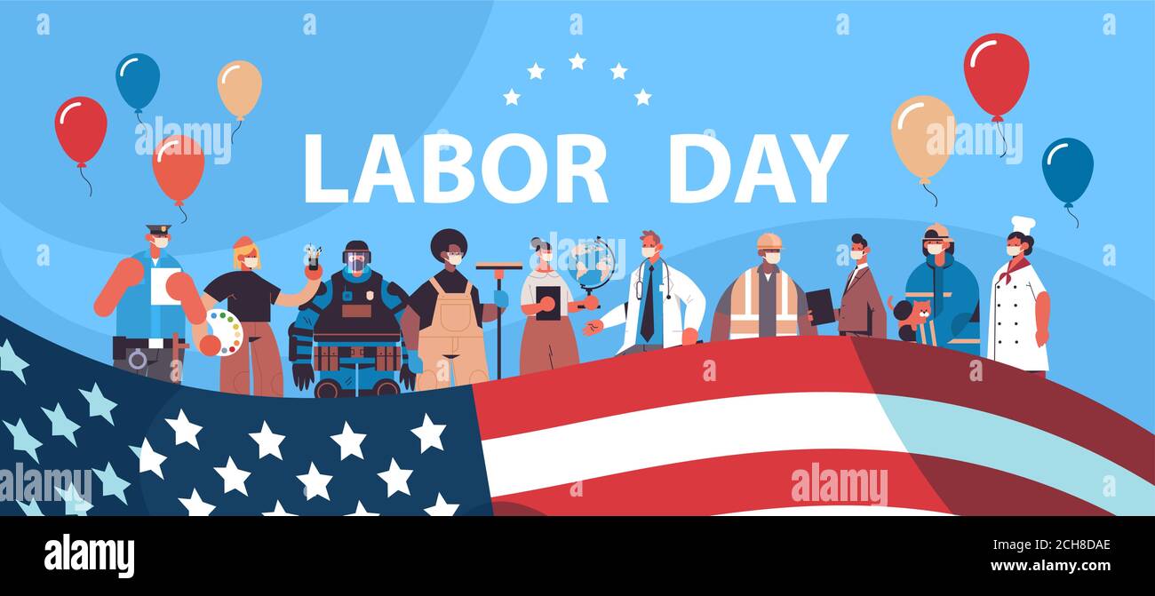 people of different occupations celebrating labor day mix race workers ...