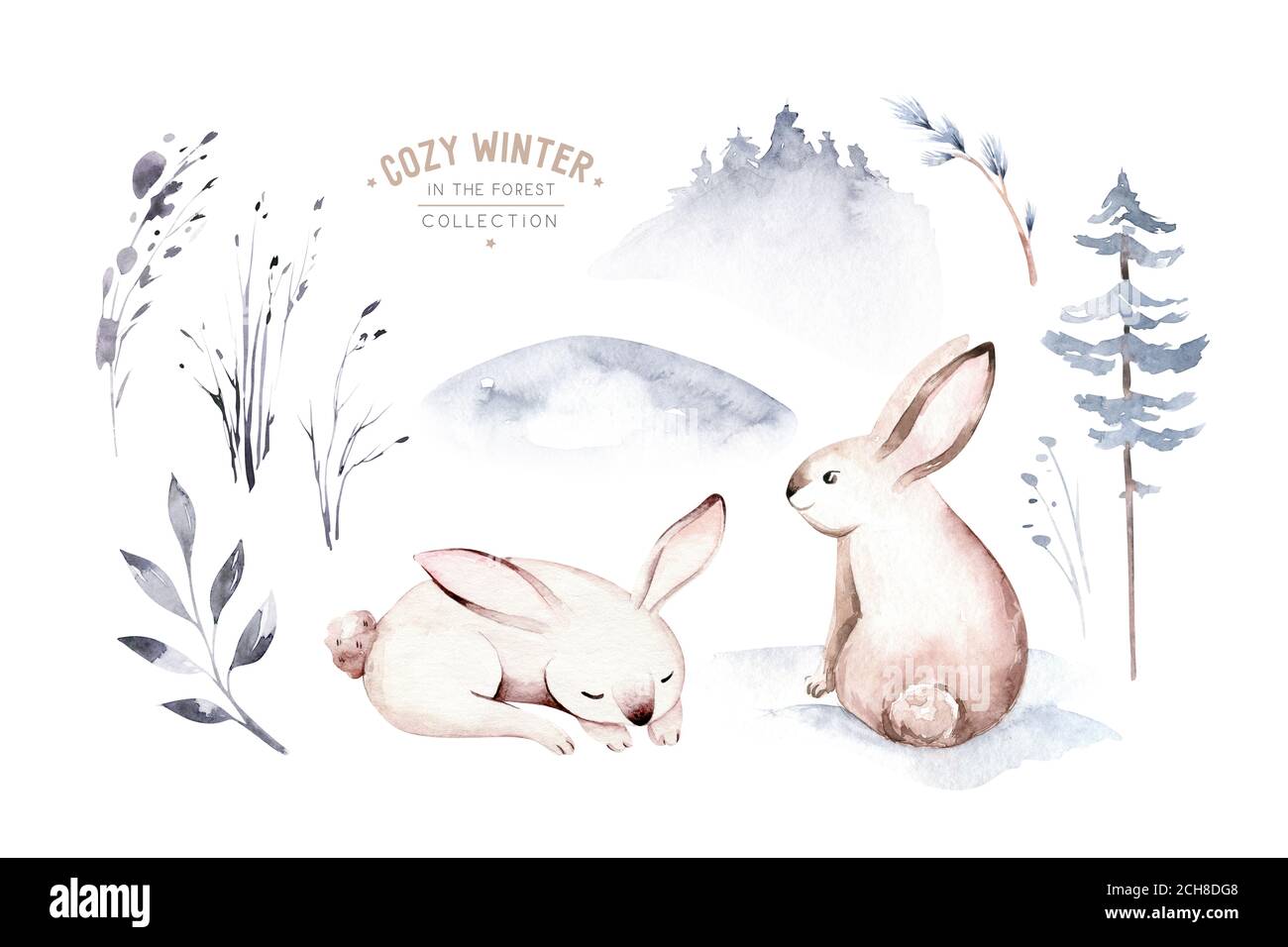 Watercolor winter forest animals deer with fawn, owl rabbits, bear ...