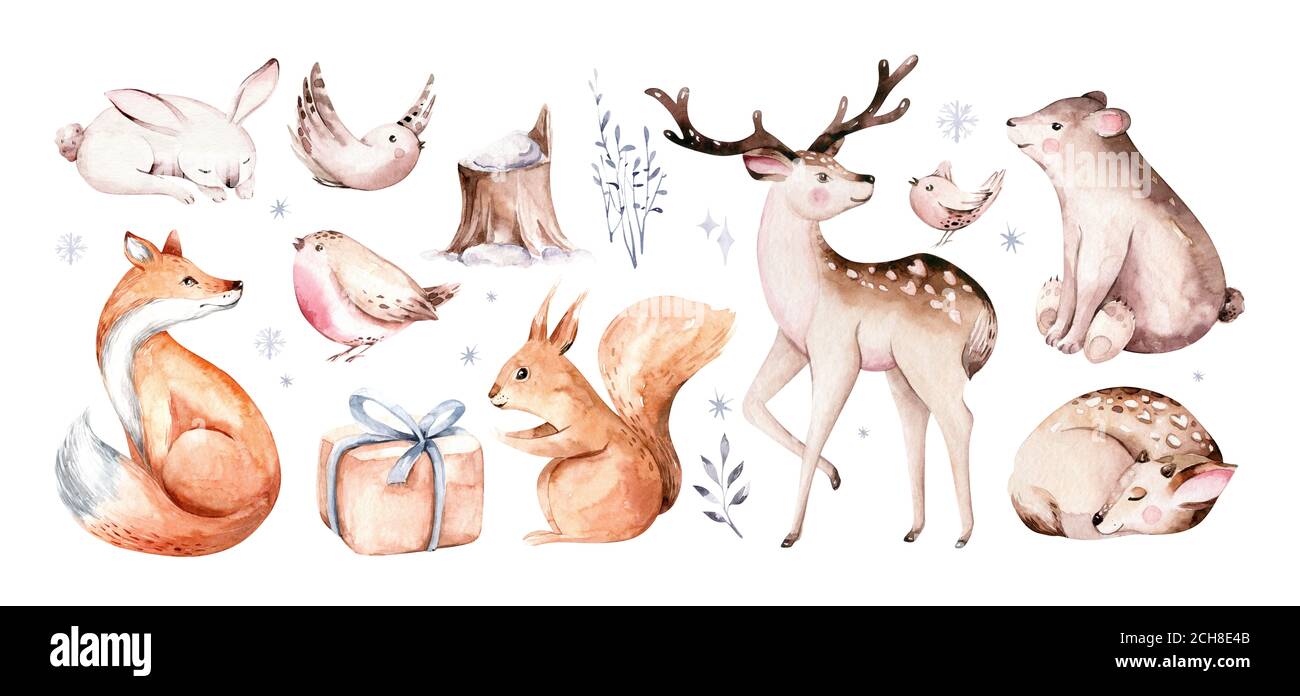 Watercolor winter forest animals deer with fawn, owl rabbits, bear ...