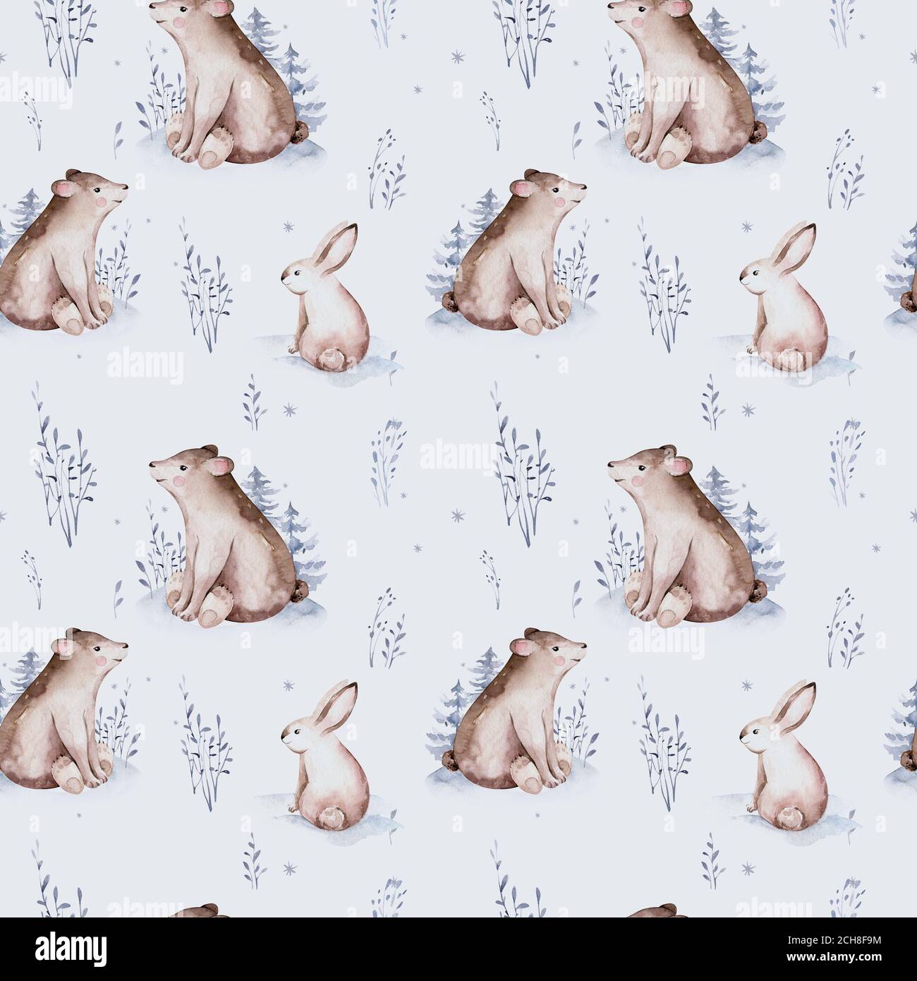 Watercolor winter pattern deer with fawn, owl rabbits, bear birds on ...