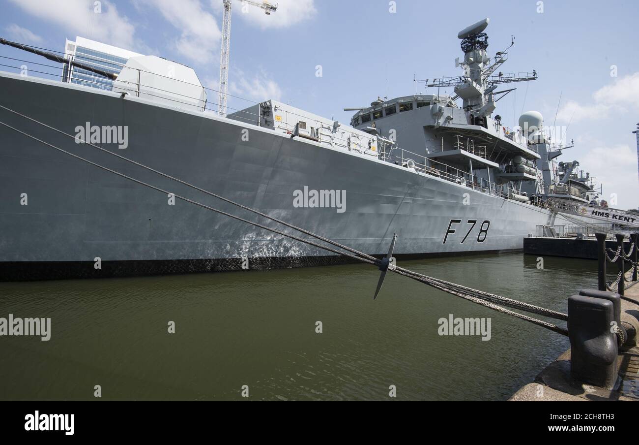 HMS Kent docked at West Quay Dock in Canary Wharf, London on her way to ...