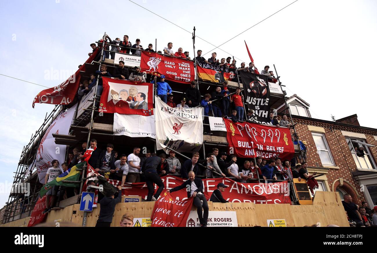 Fans on scaffolding outside the ground Stock Photo - Alamy