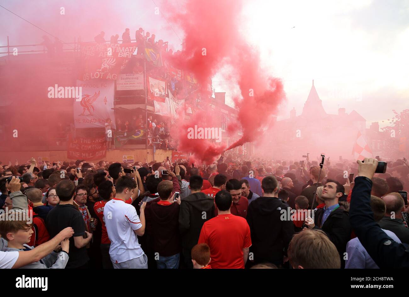 Fans on scaffolding outside the ground Stock Photo - Alamy