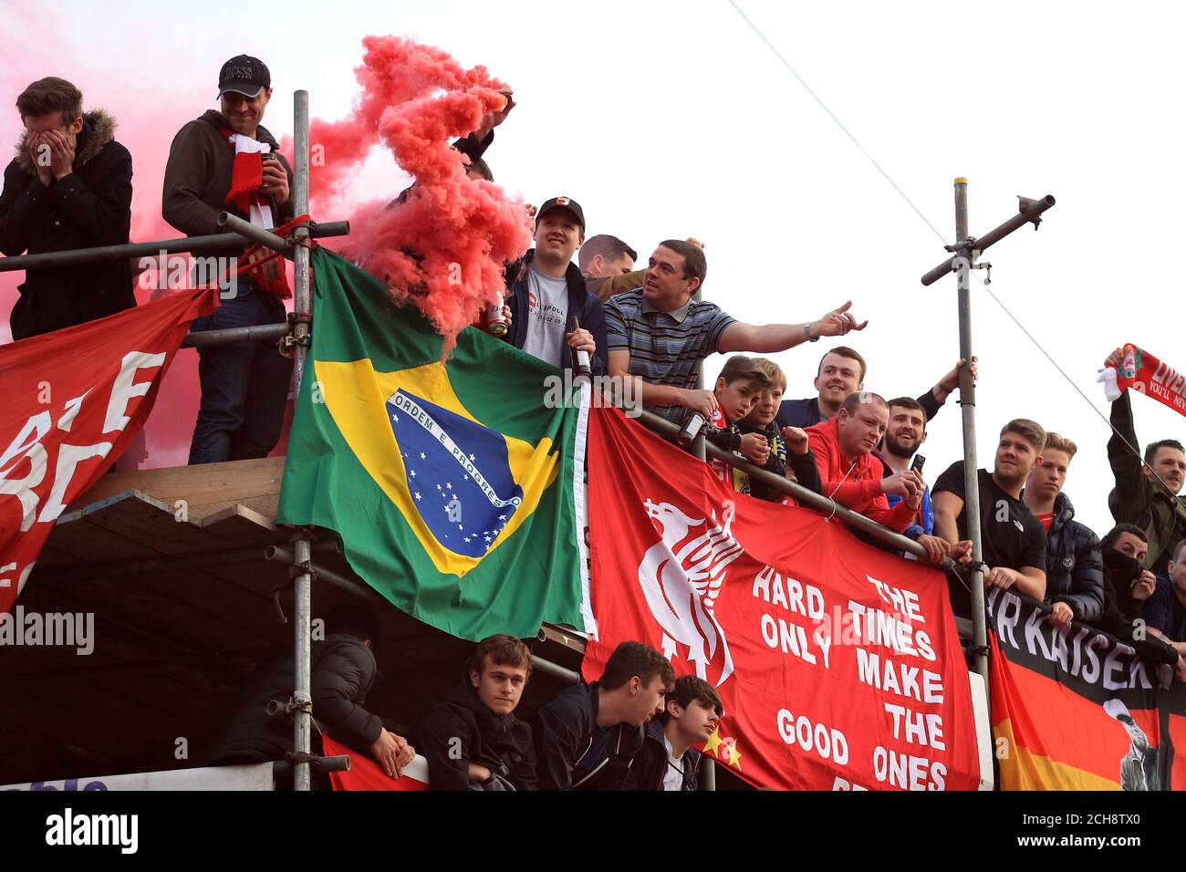 Fans on scaffolding outside the ground Stock Photo - Alamy