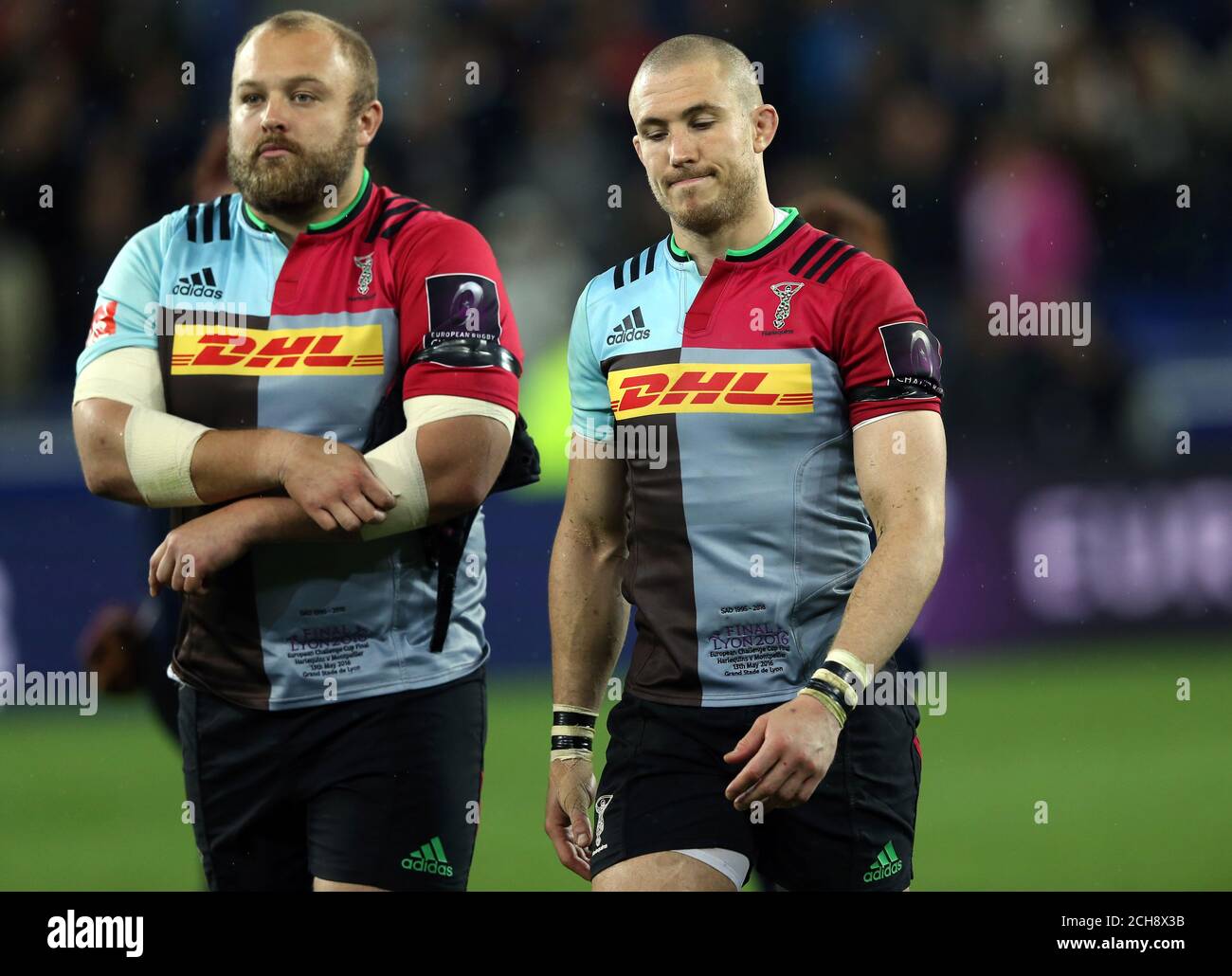 Harlequins' Mark Lambert and Mike Brown are dejected after their defeat ...
