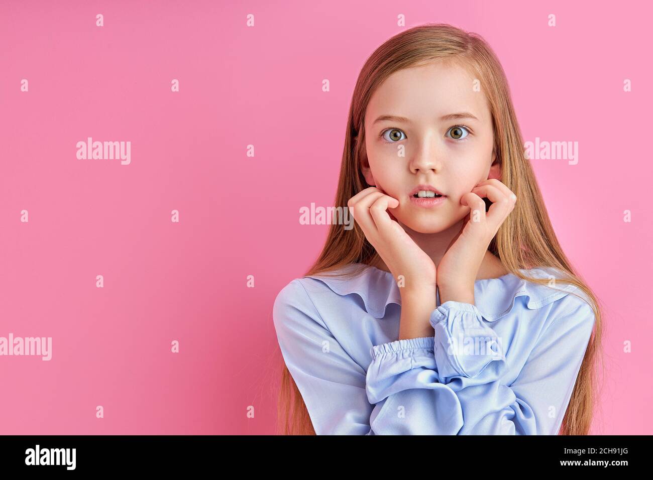 scared surprised girl look at camera, emotionally reacts on something ...