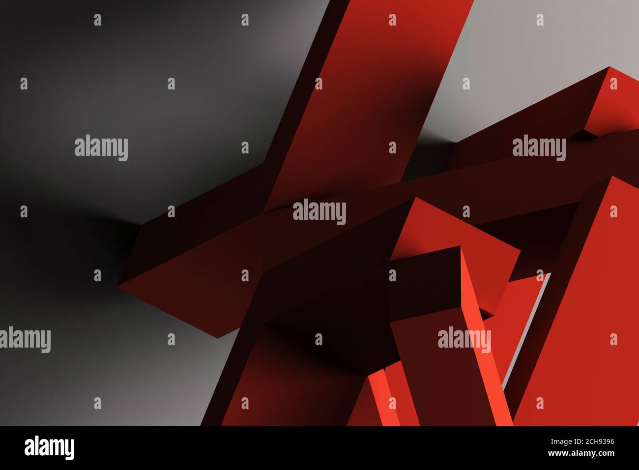 Abstract red chaotic geometric still life installation standing on gray ...