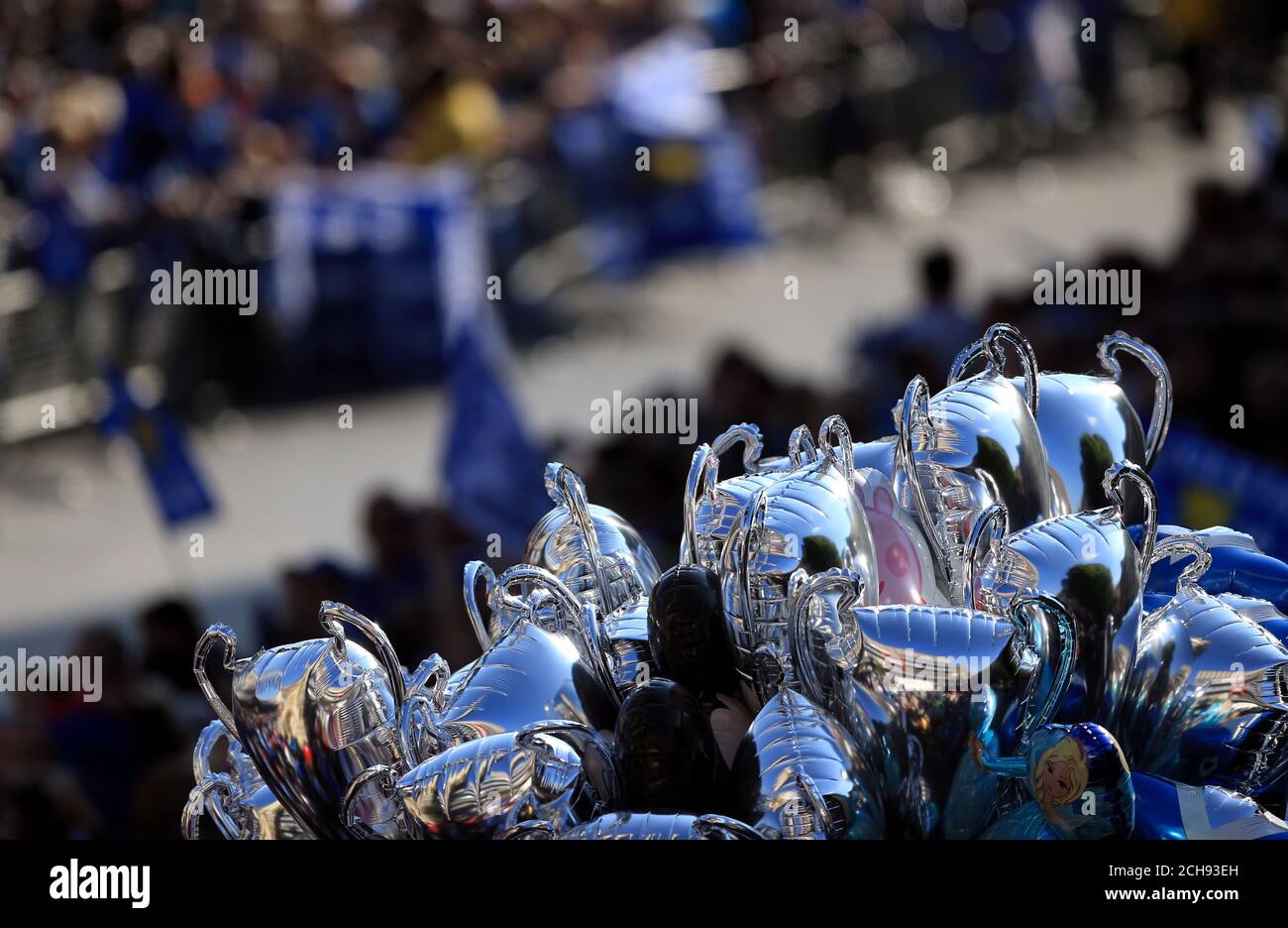 Inflatable trophies ahead of the open top bus parade through Leicester ...