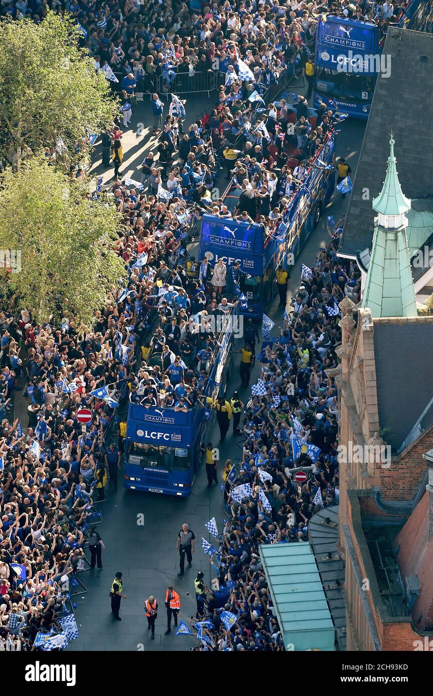 An aerial view of the Leicester City open top bus parade through ...