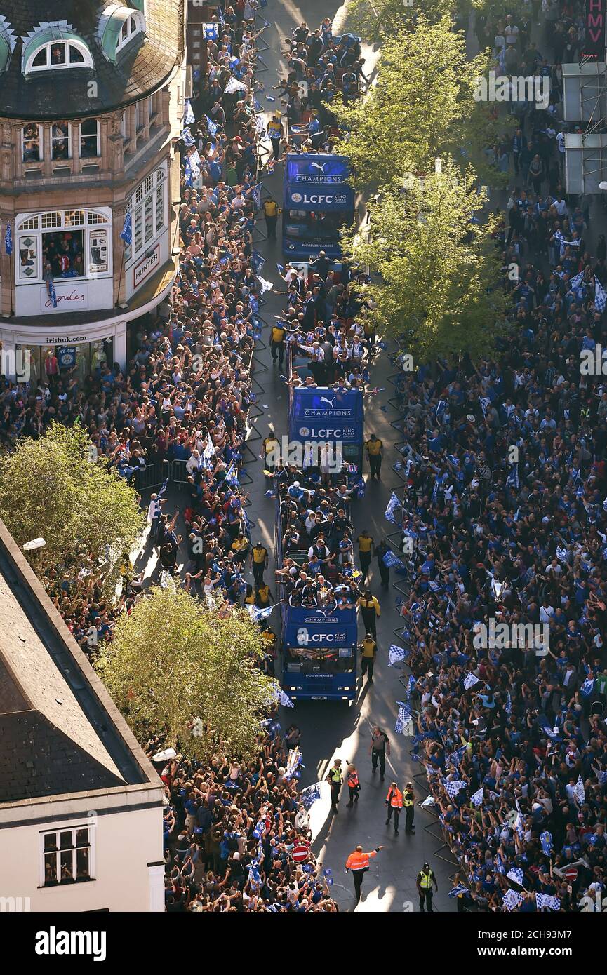 An aerial view of the Leicester City open top bus parade through ...