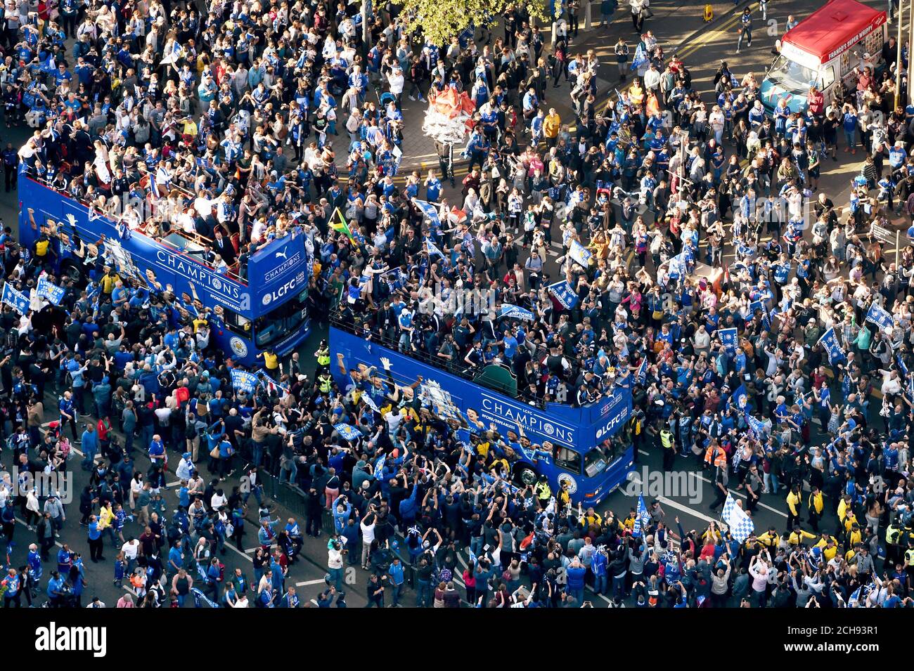 An aerial view of the Leicester City open top bus parade through ...