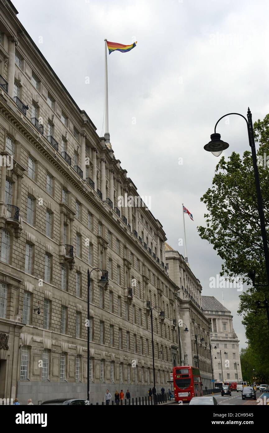 A rainbow flag flies above the headquarters of MI5 in London to mark ...