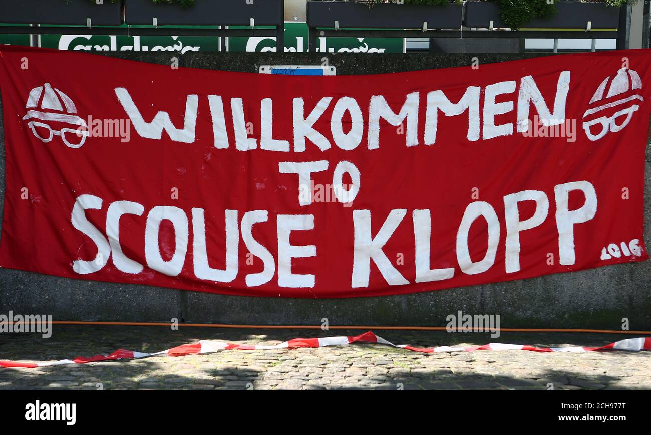 Banner reading "Willkommen To Scouse Klopp" on display before the UEFA ...