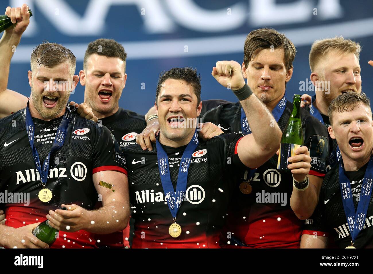 Saracens players including Brad Barritt (centre) celebrate winning the ...