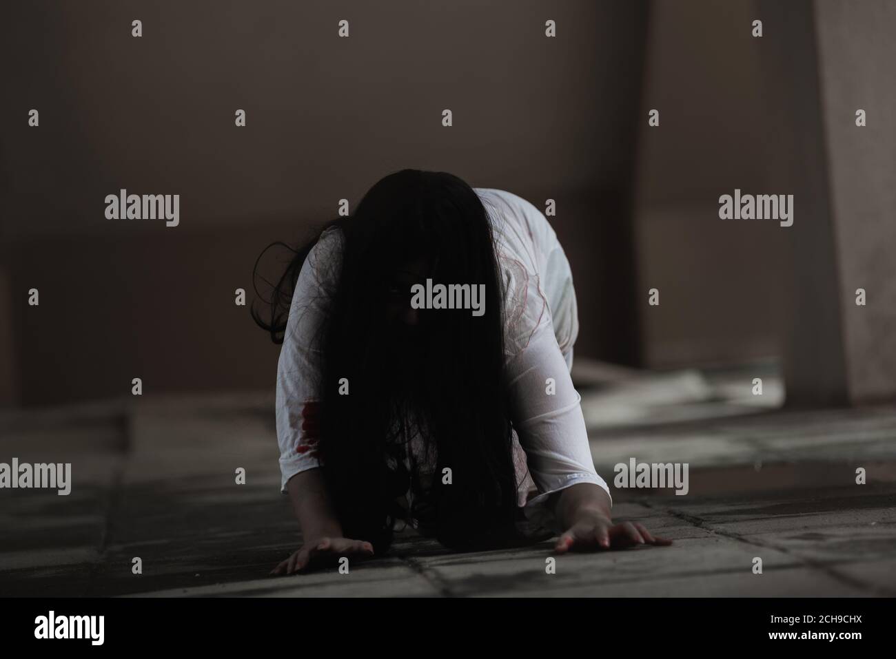 Girl zombie in blood. Asian Woman ghost with blood. Horror scary fear ...