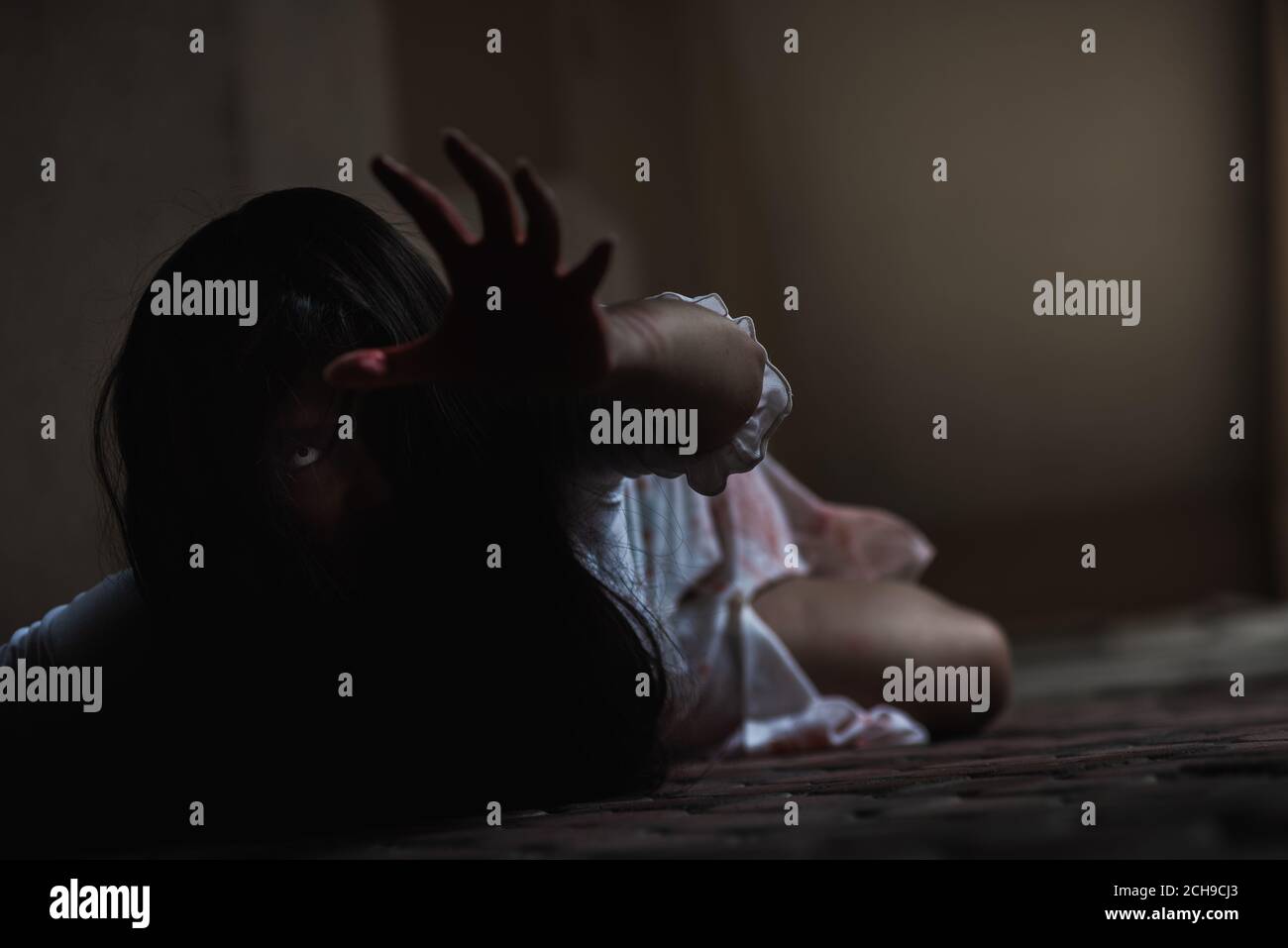 Girl zombie in blood. Asian Woman ghost with blood. Horror scary fear ...