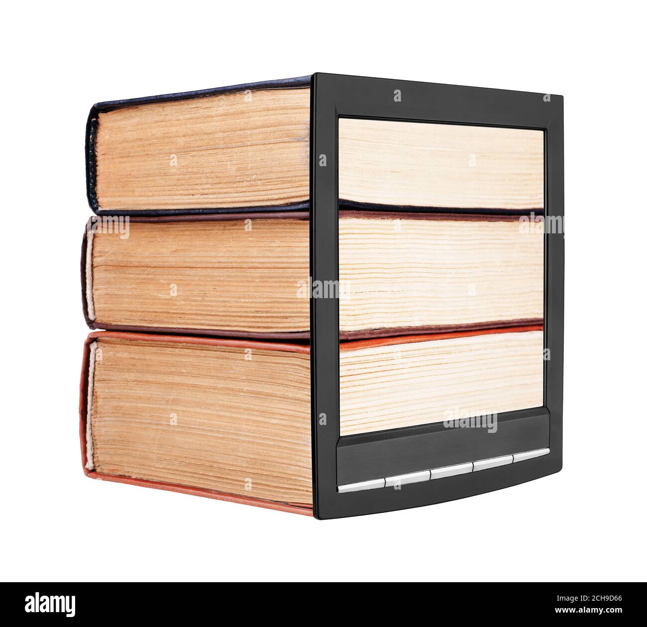 Old paper books stack on electronic book display white background ...
