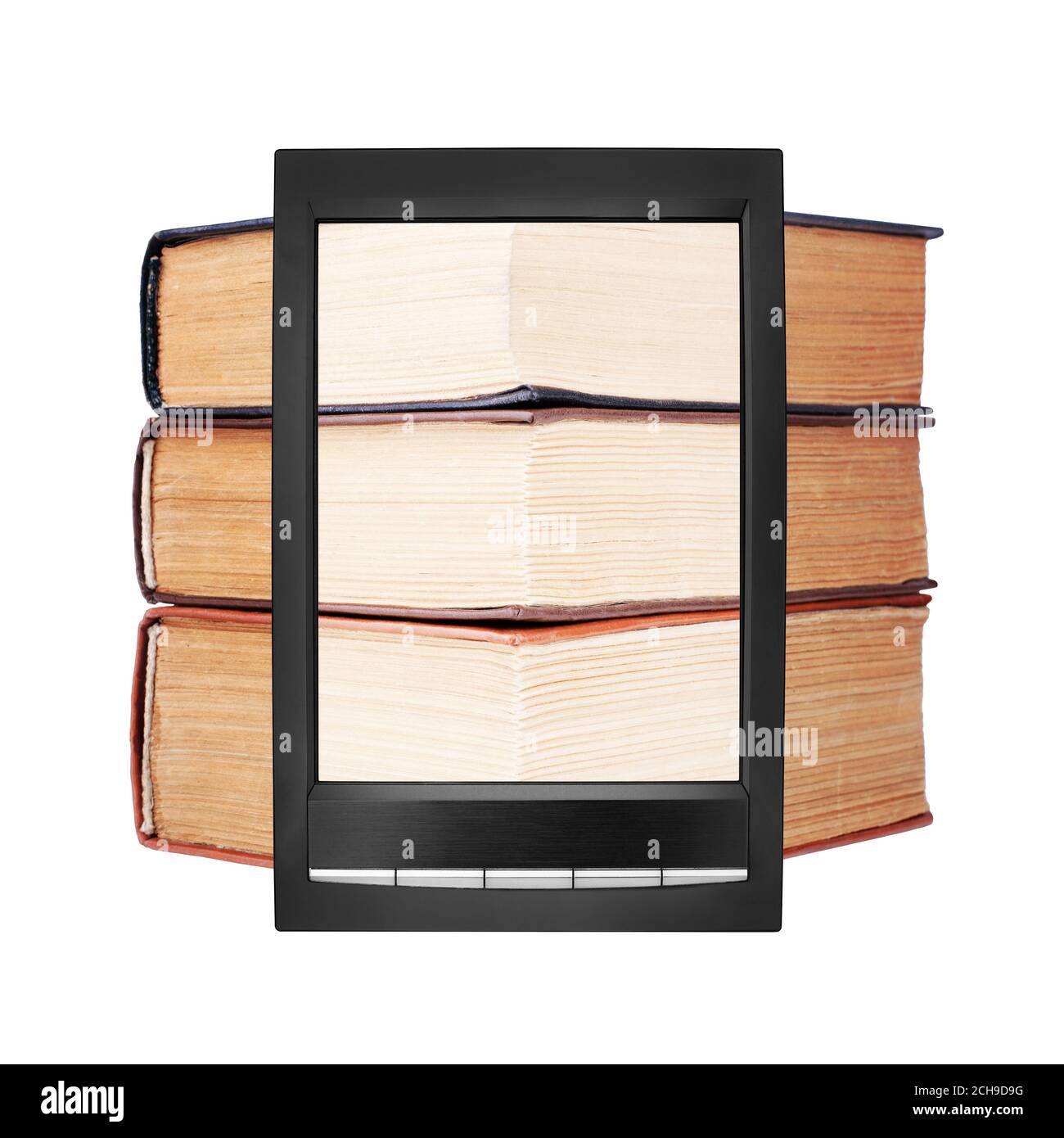 Old paper books stack on electronic book display white background ...