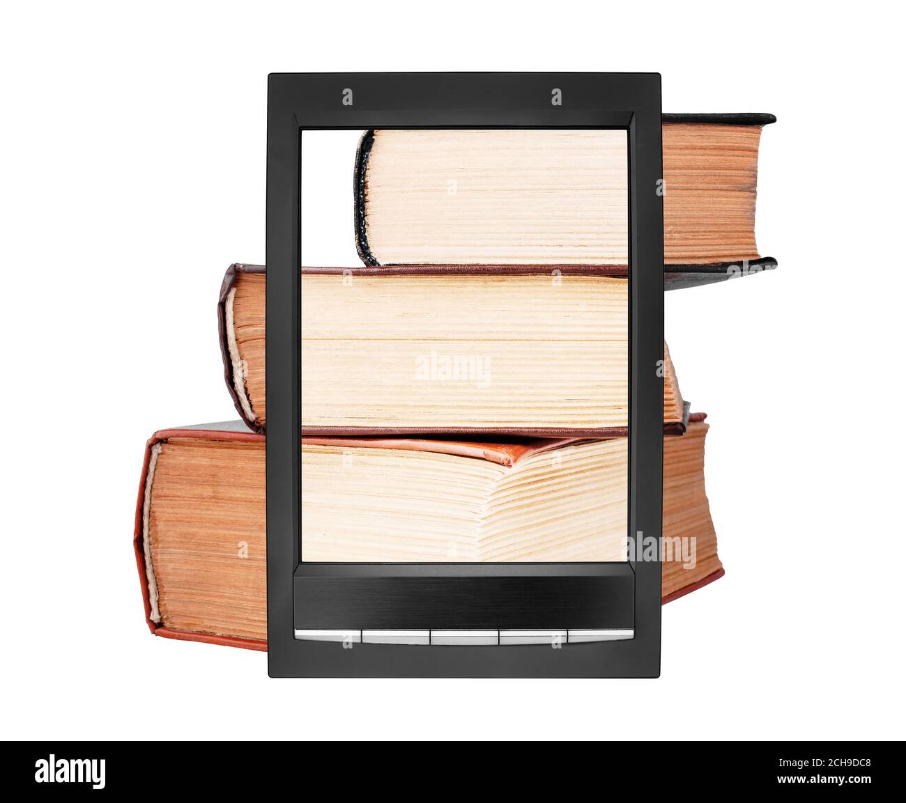 Old paper books stack on electronic book display white background ...