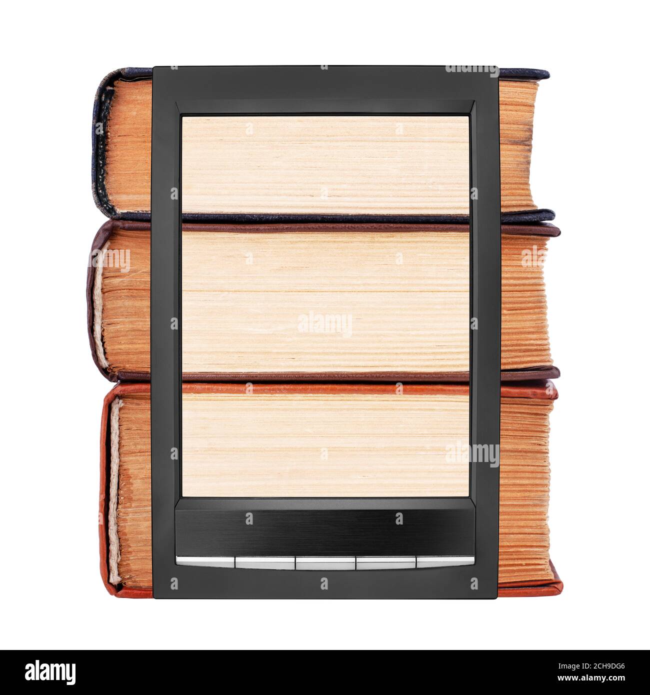 Old paper books stack on electronic book display white background ...