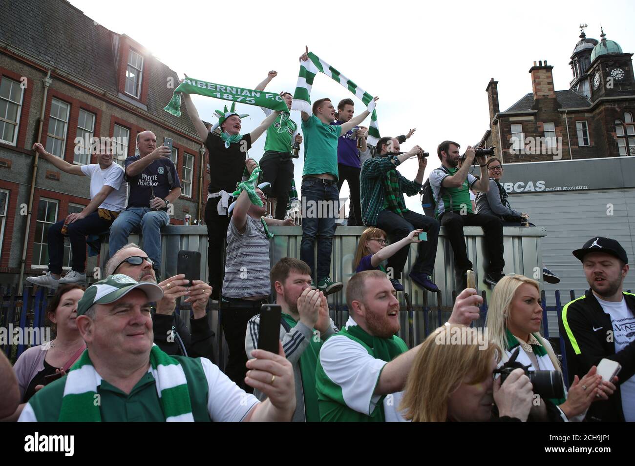 Hibernian supporters line the streets at the Leith Links after they ...