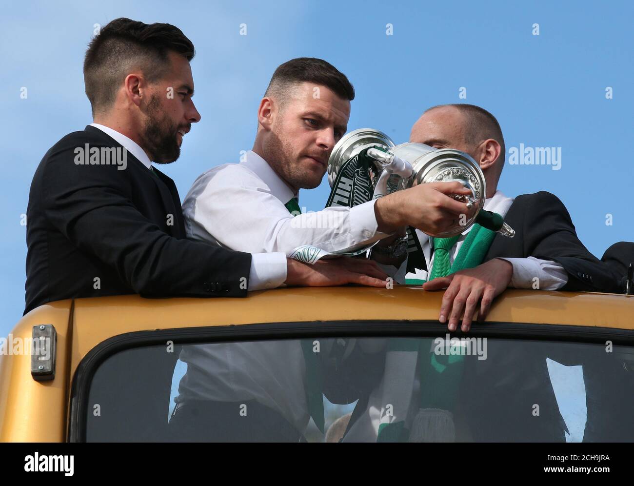 Hibernian players at the Leith Links on the team bus as it travelled ...