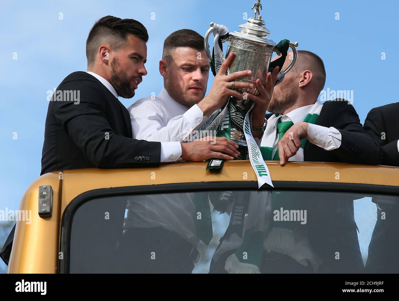 Hibernian players at the Leith Links on the team bus as it travelled ...