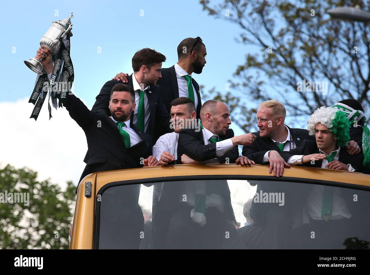 Hibernian players at the Leith Links on the team bus as it travelled ...
