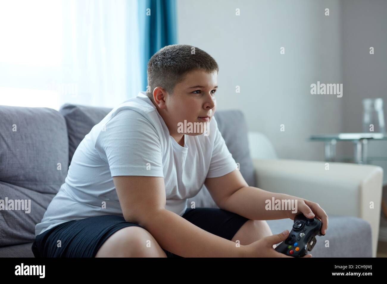 keen caucasian boy playing video games, overweight boy sit on sofa ...