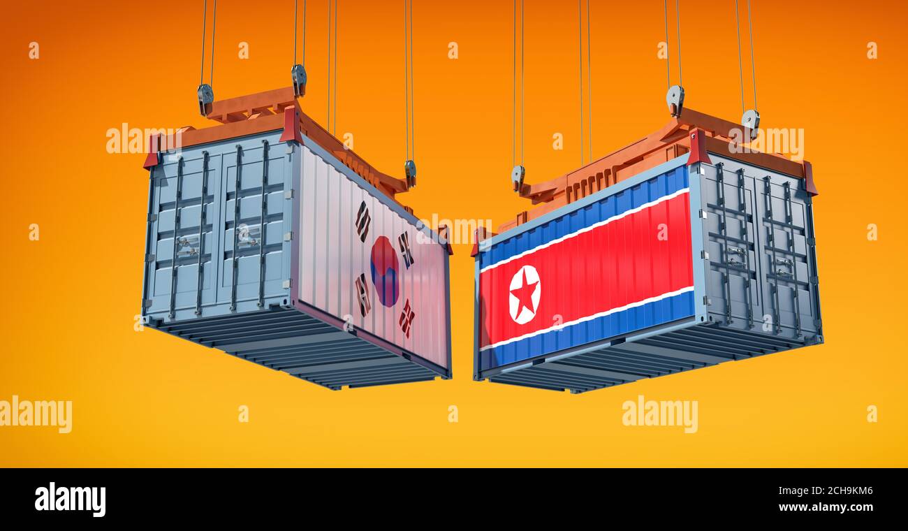 Shipping containers with North Korea and South Korea flags. 3D ...