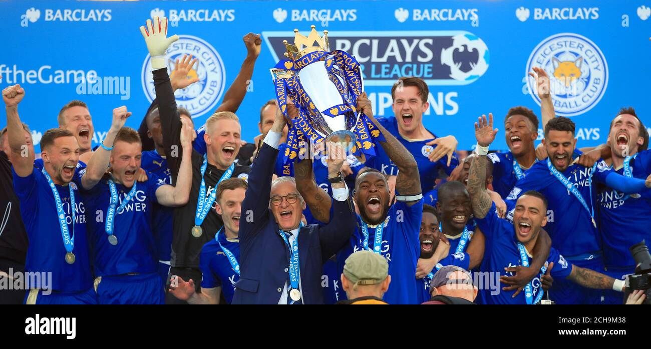 Leicester City captain Wes Morgan and manager Claudio Ranieri lift the ...
