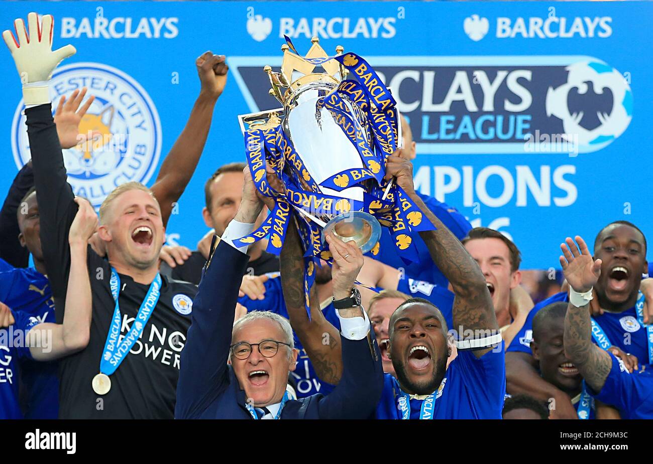Leicester City captain Wes Morgan and manager Claudio Ranieri lift the ...