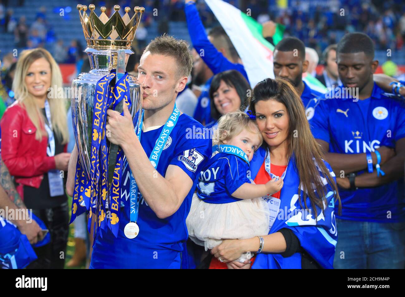 Leicester City's Jamie Vardy kisses the trophy as the team celebrate ...