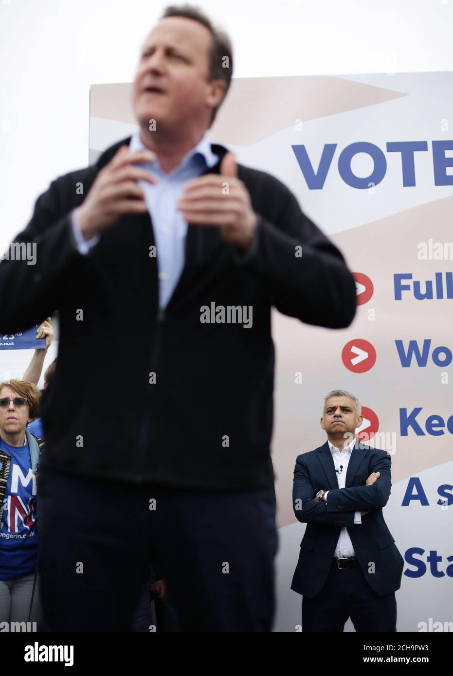Prime Minister David Cameron speaking on stage as Mayor of London Sadiq ...