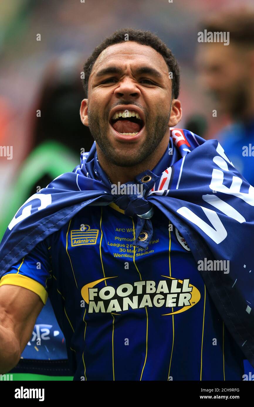 AFC Wimbledon's Andy Barcham celebrates at the final whistle Stock ...
