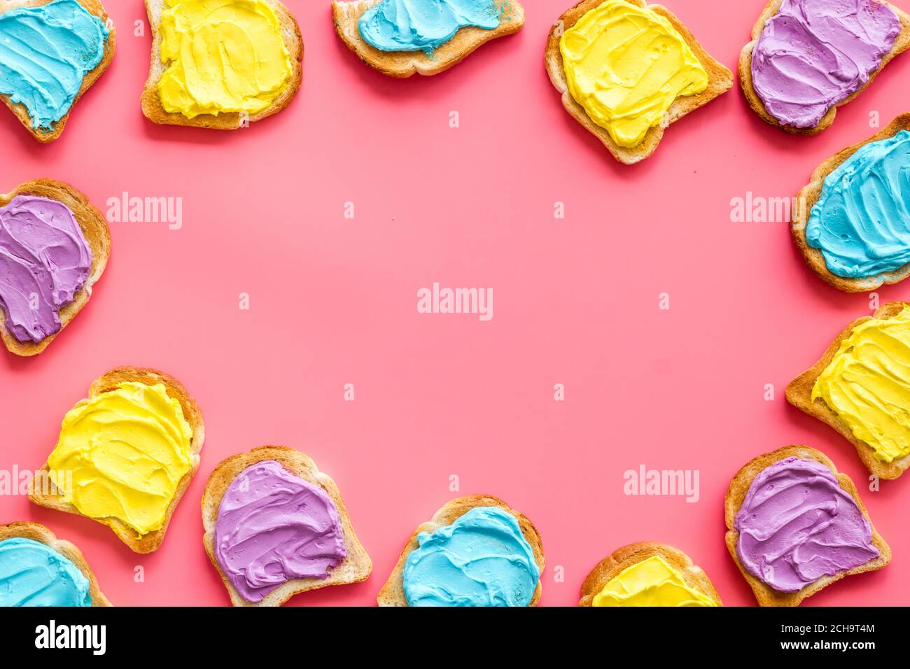 Frame of cheese spread toast bread. Food background, top view Stock ...