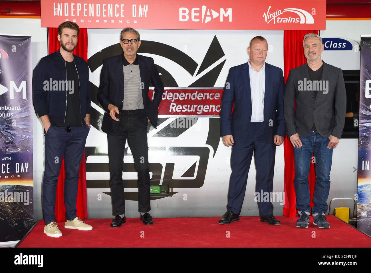 (l-r) Liam Hemsworth, Jeff Goldblum, Virgin Trains MD Phil Whittingham ...