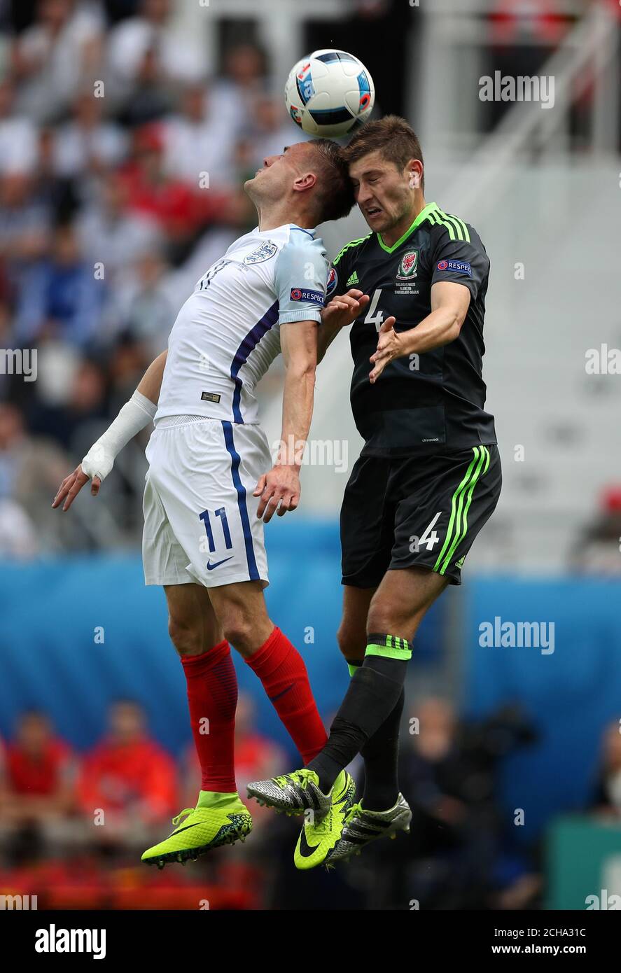 England's Jamie Vardy and Wales' Ben Davies battle for the ball during ...
