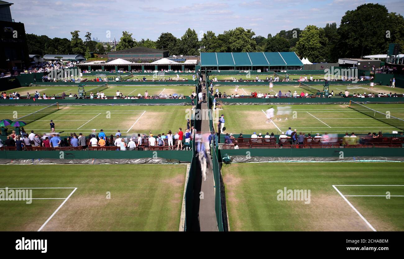 General view across the outside courts on day nine of the Wimbledon ...