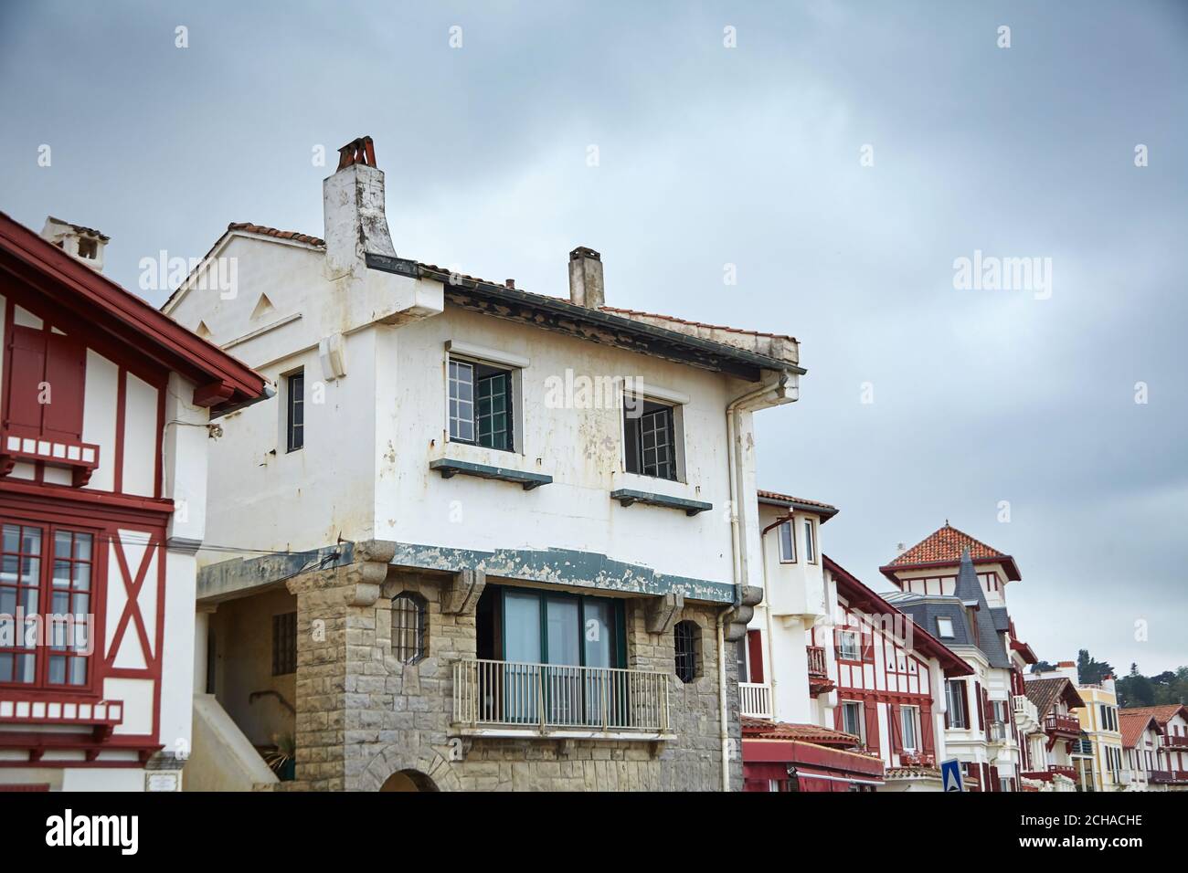 Traditional red and white half-timbered basque houses, typical ...
