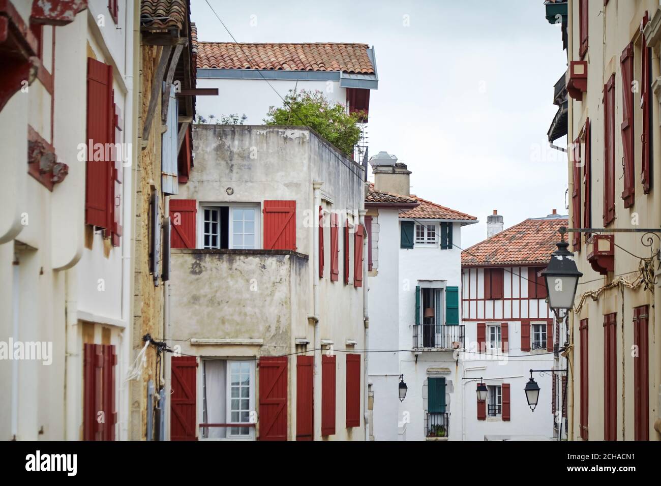 Traditional red and white half-timbered basque houses, typical ...