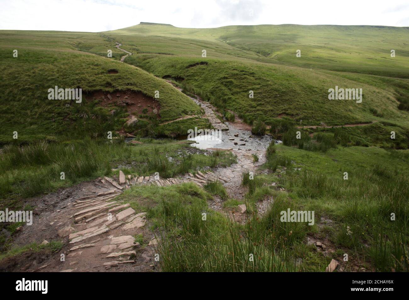 A stream bisects a path leading up to the summit of Corn Du mountain ...