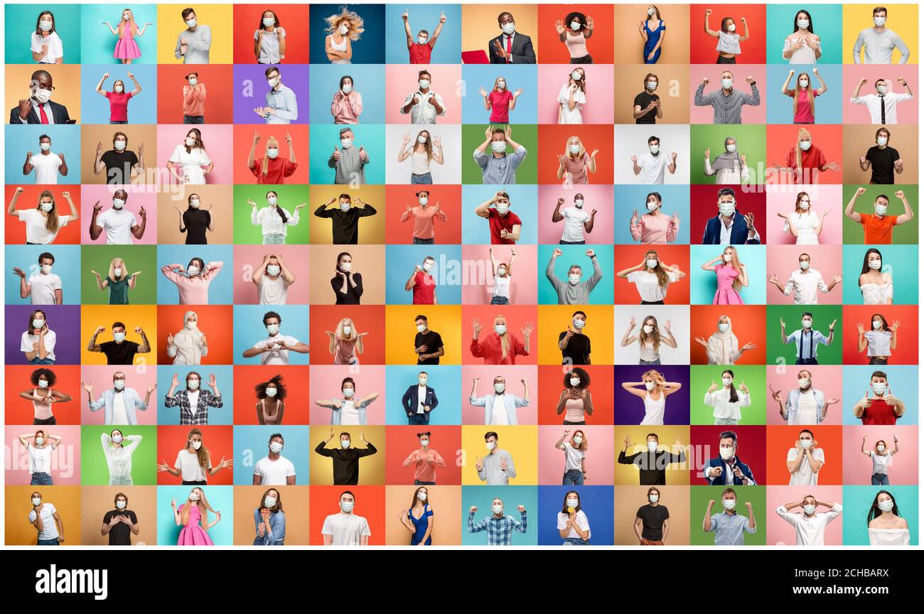 The collage of surprised people in face masks on multicolored ...