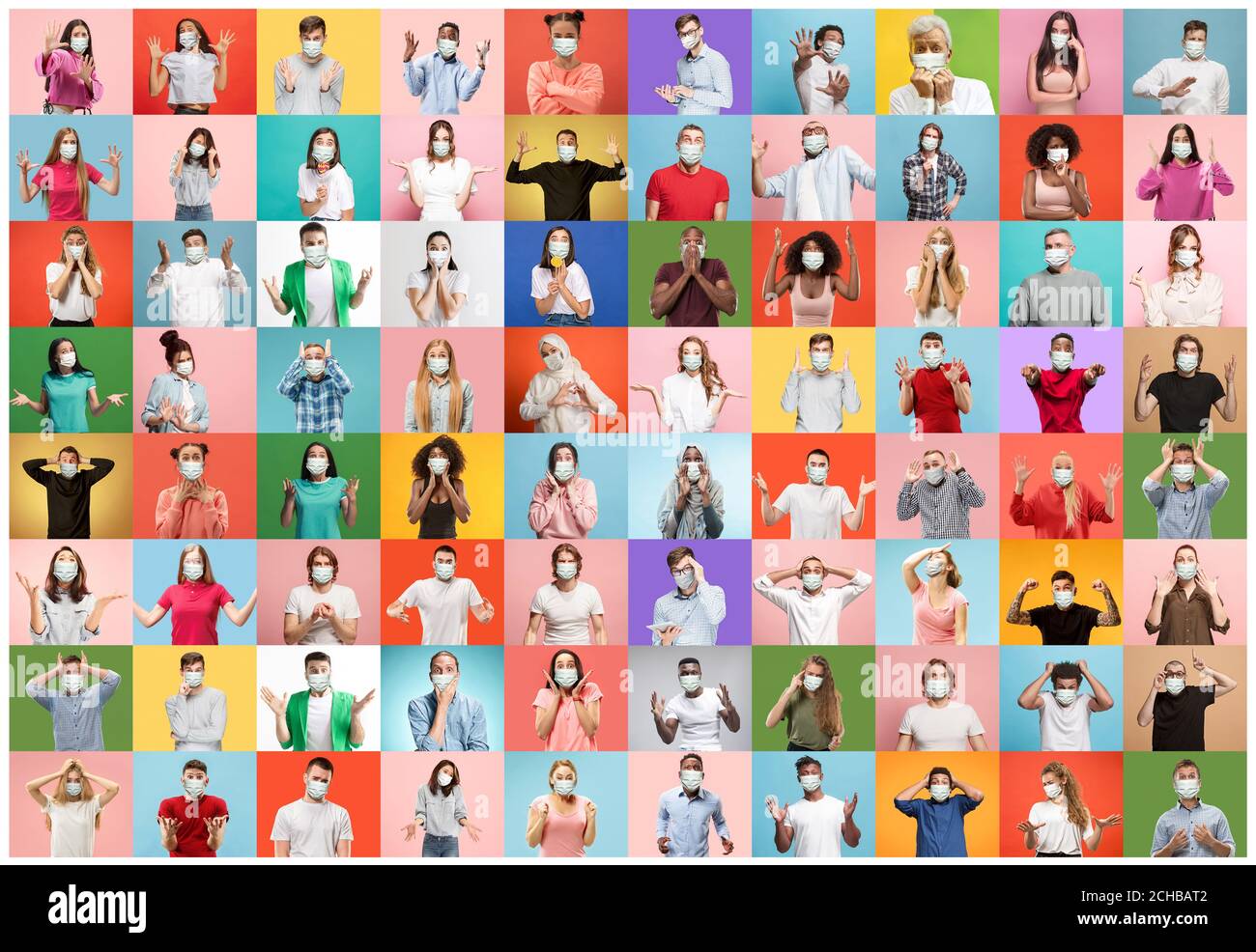 The collage of surprised people in face masks on multicolored ...