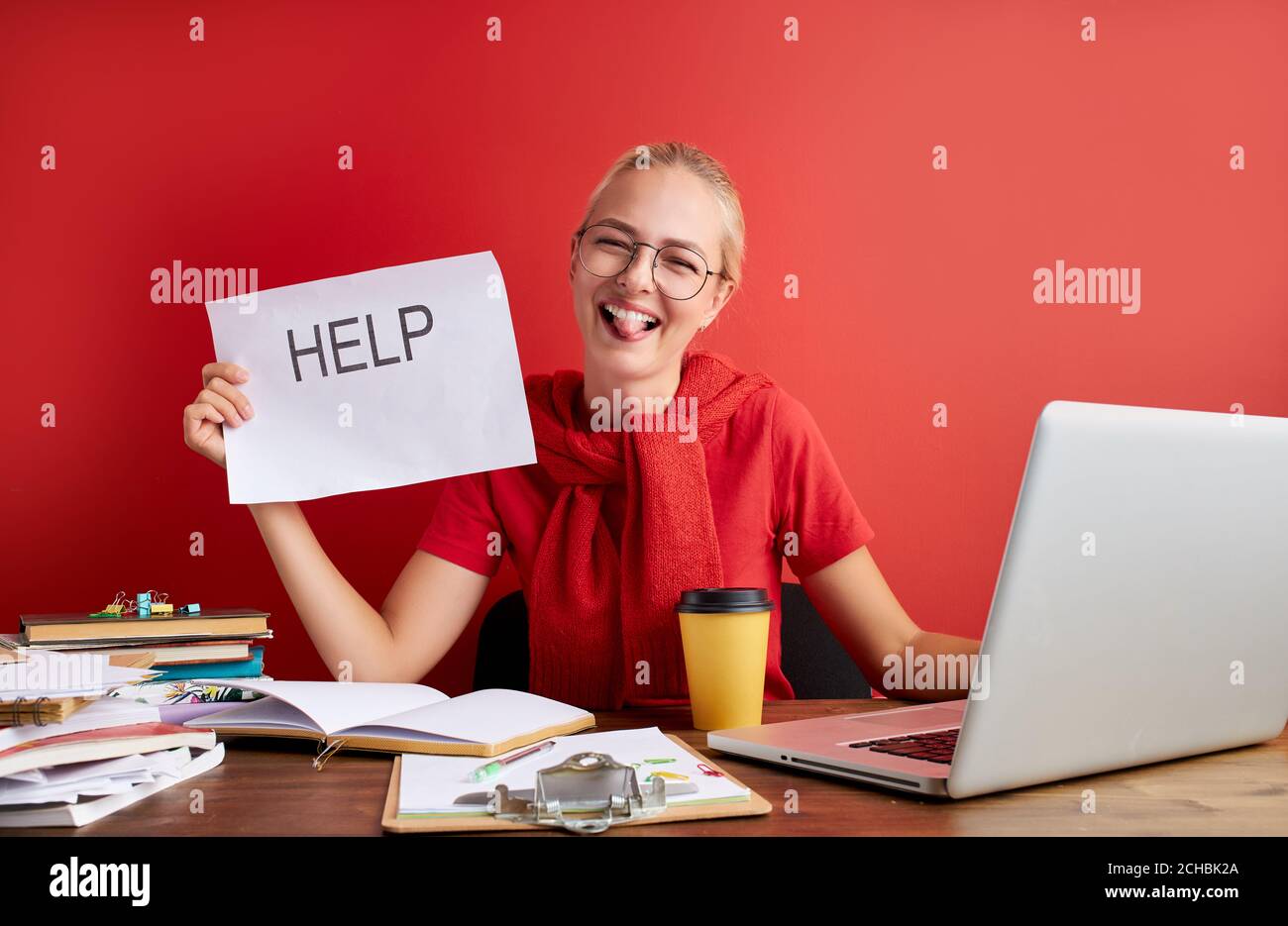 portrait of caucasian crazy woman working as secretary in stress at ...