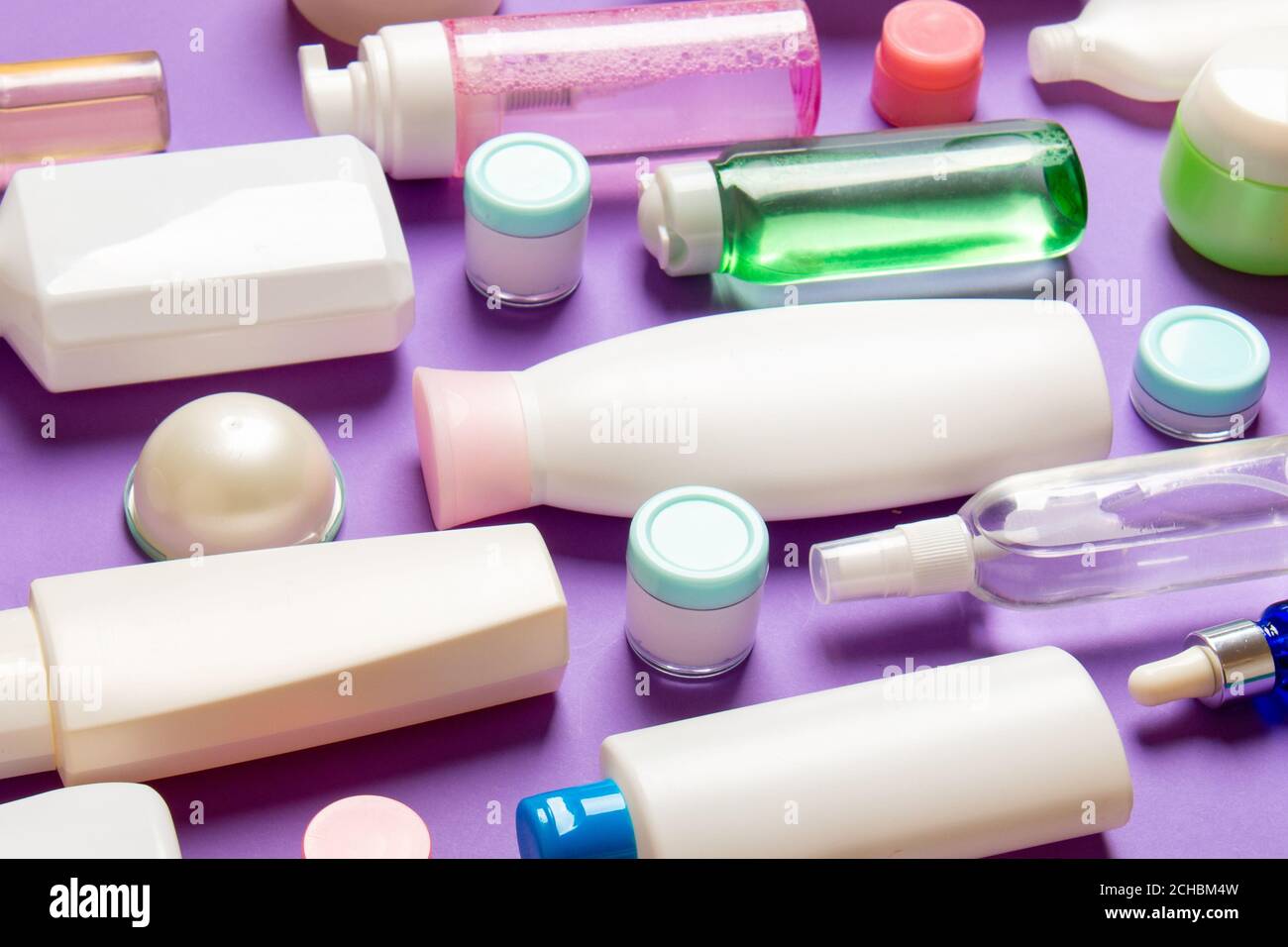 Group of plastic bodycare bottle Flat lay composition with cosmetic ...