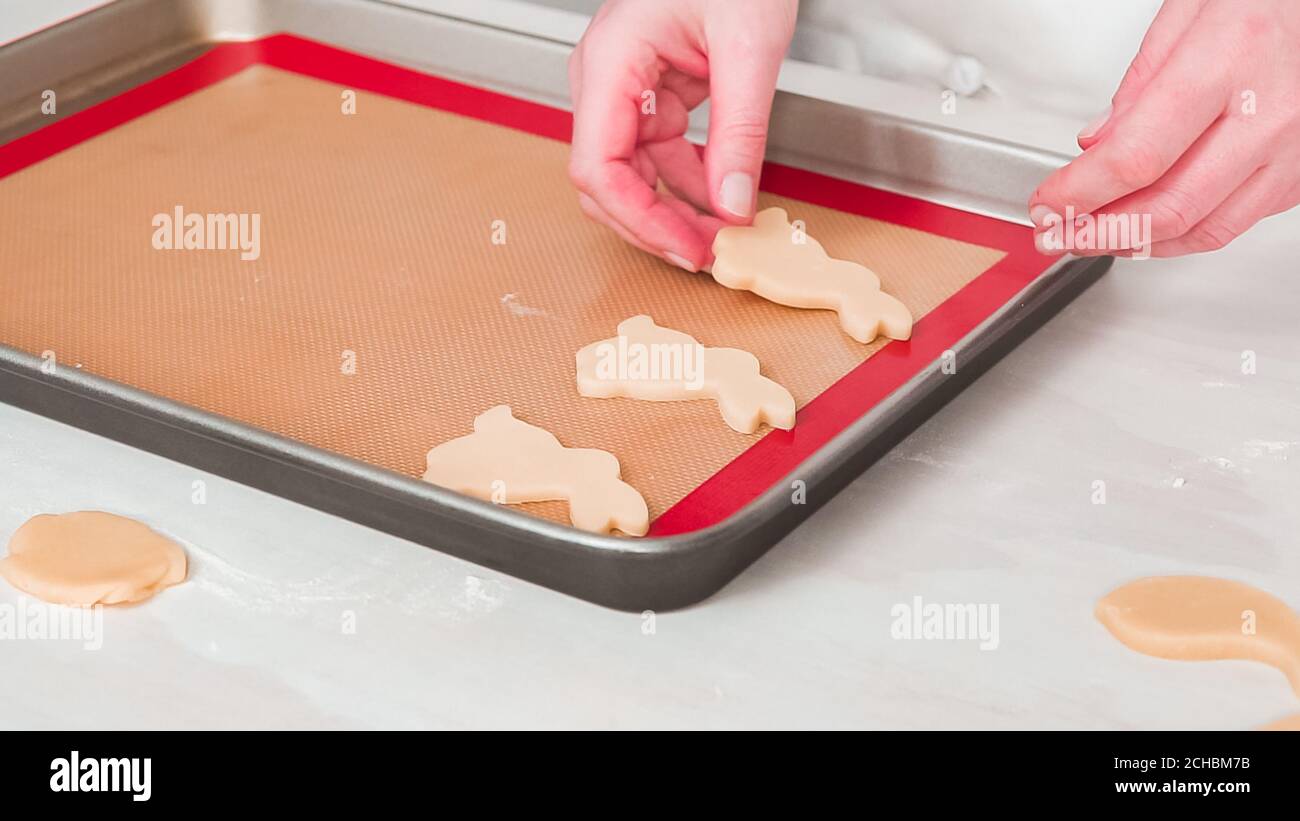 Step by step. Unbaked Easter sugar cookies arranged for baking on a ...