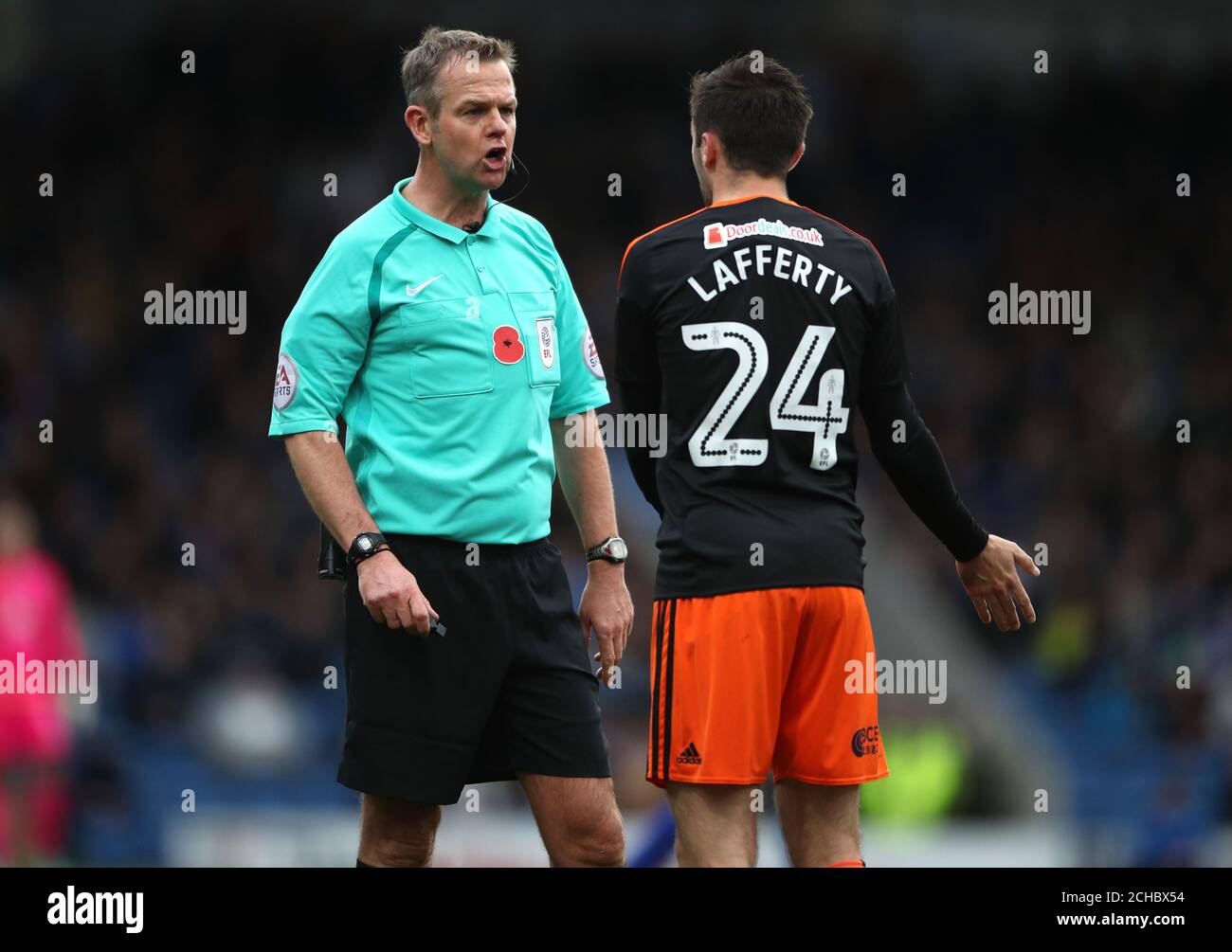 Sheffield United's Danny Lafferty (right) argues his point to referee ...