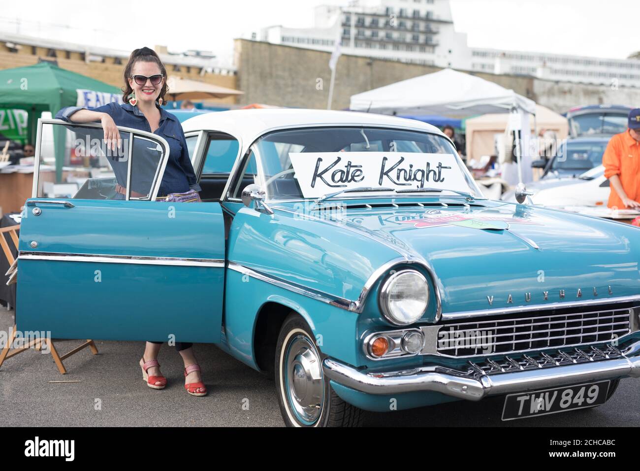 EDITORIAL USE ONLY Artist Kate Knight at the Vauxhall Art Car Boot Fair ...